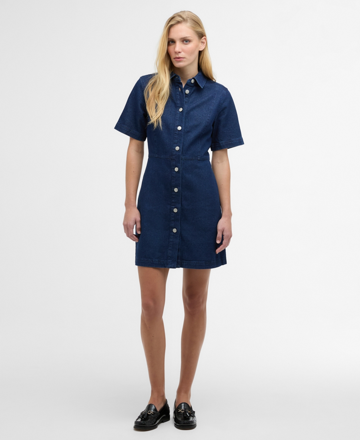 Click here for Barbour Womens Maia Pointed-Collar Mini Denim Dres... prices