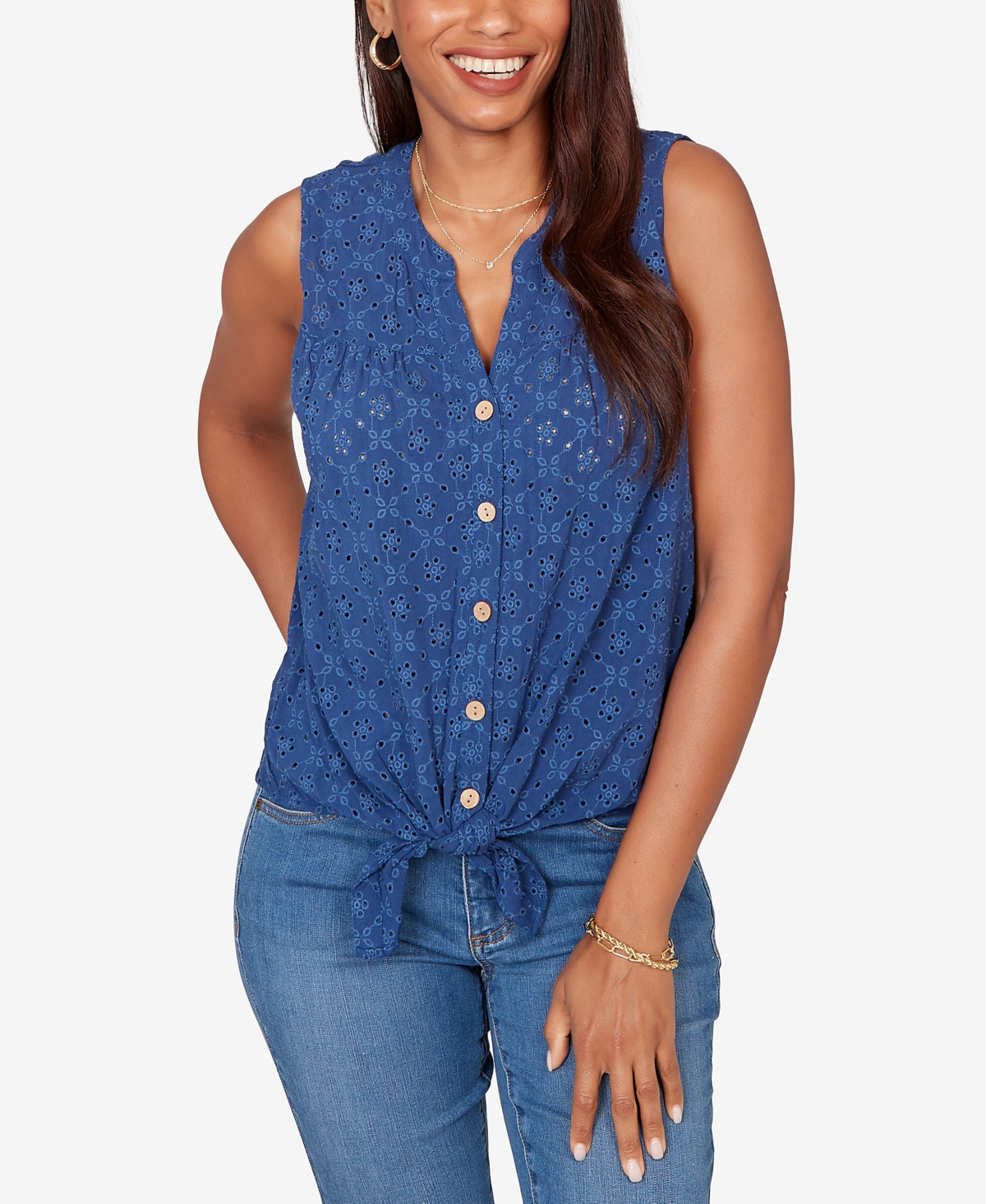 Click here for Ruby Rd. Petite Tie-Front Eyelet Sleeveless Top -... prices