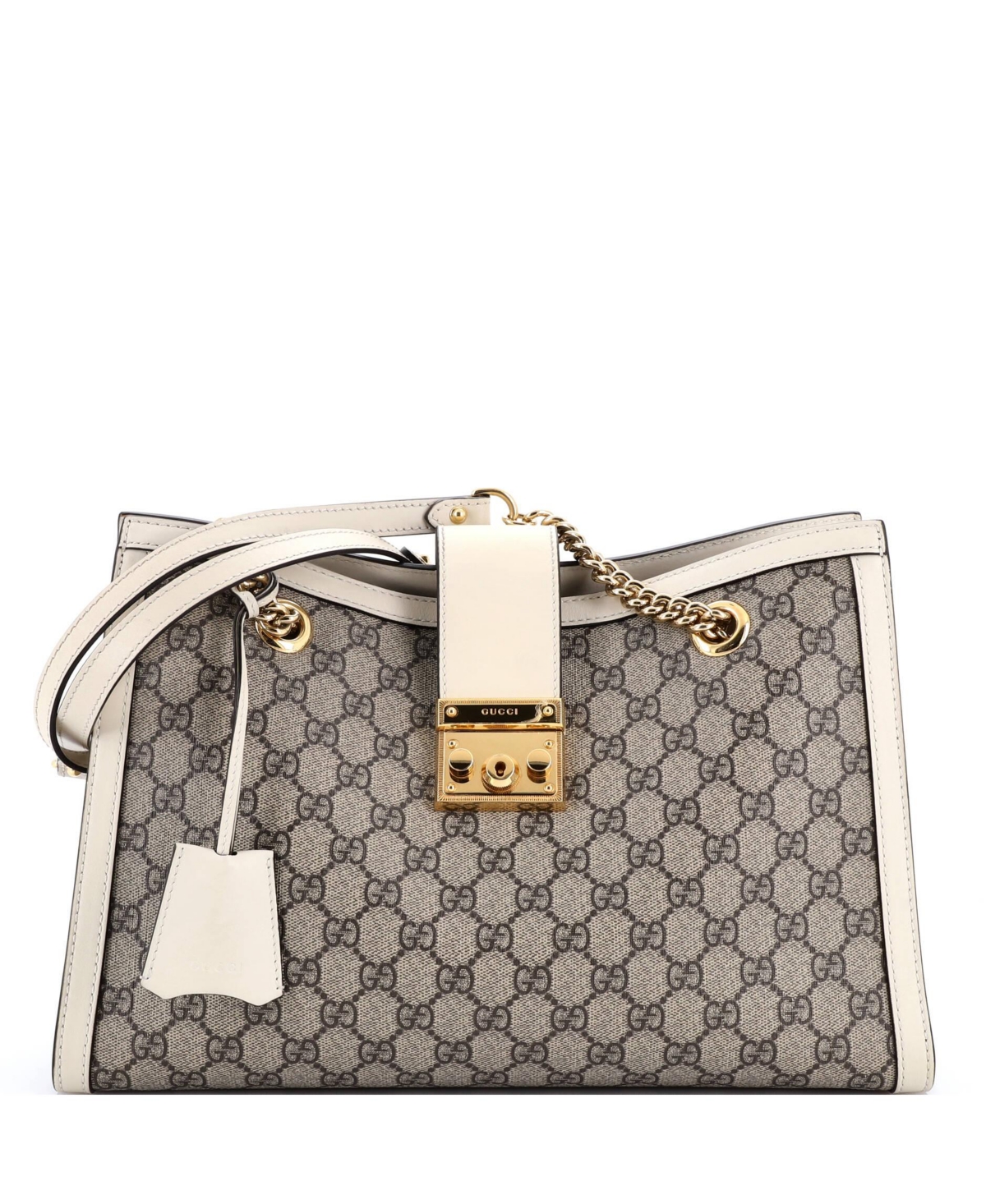 Click here for Pre-Owned Gucci Medium Padlock Chain Tote Gg Coate... prices