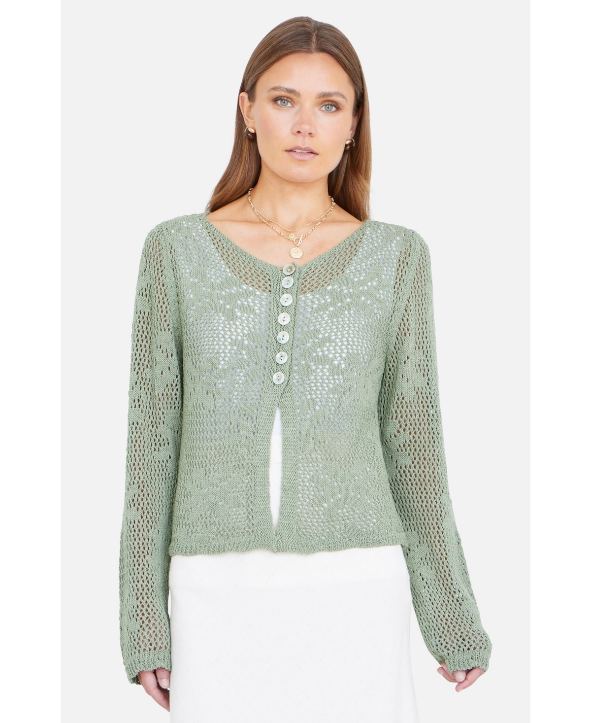 Click here for Yumi Womens Flower Crochet Button Up Cardigan - Sa... prices