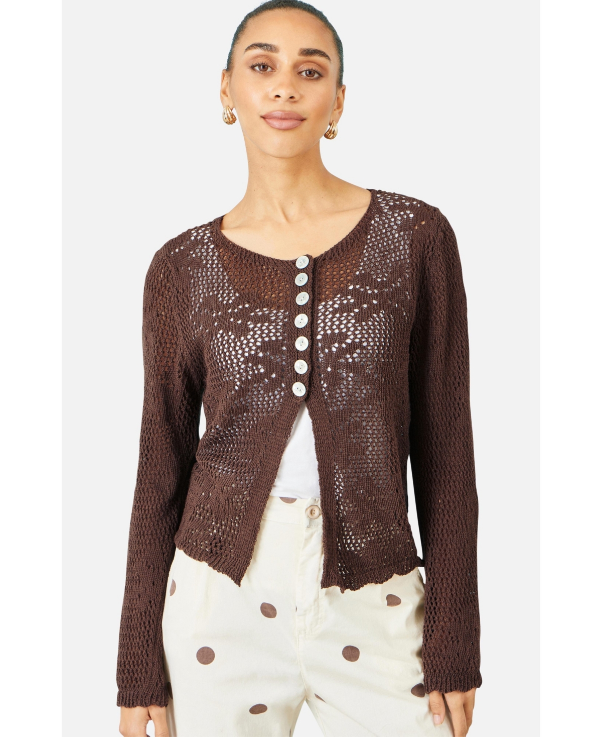 Click here for Yumi Womens Flower Crochet Button Up Cardigan - Br... prices