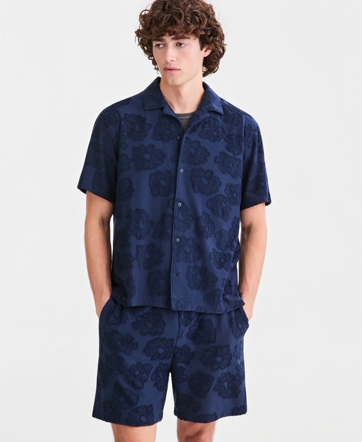 Click here for Sun + Stone Mens Textured-Florals Knit Camp Shirt... prices