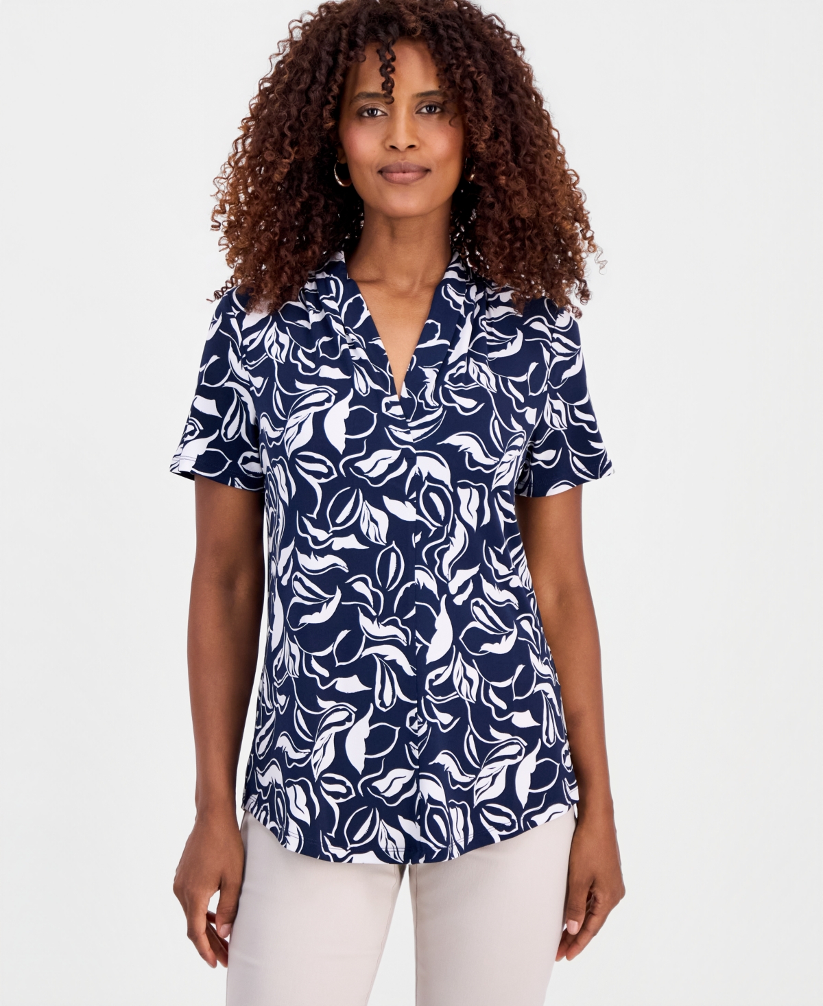 Click here for Jm Collection Plus Size Leaf Swirl V-Neck Top - In... prices