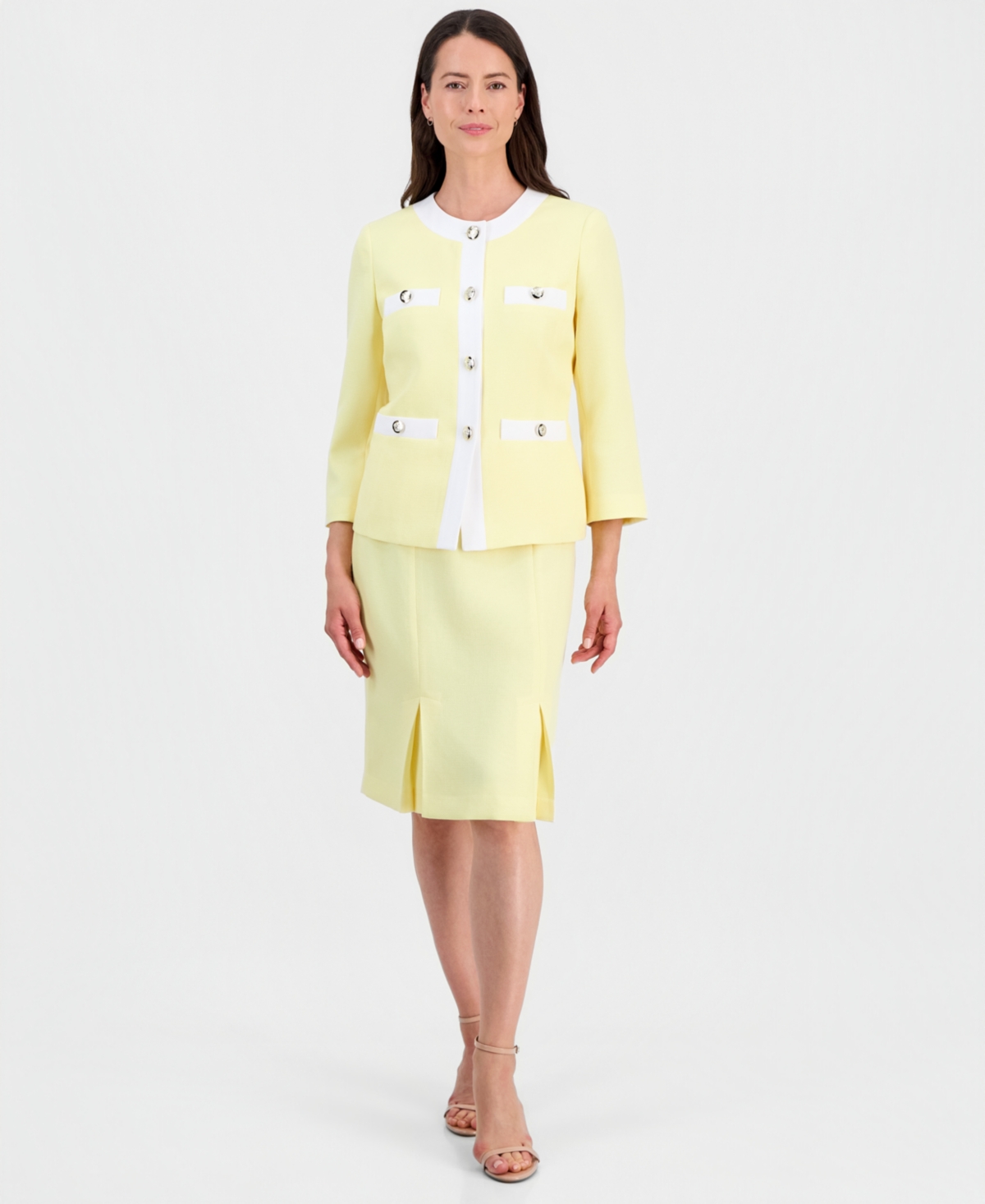 Click here for Le Suit Womens Jewel-Neck Framed Jacket & Box-Plea... prices