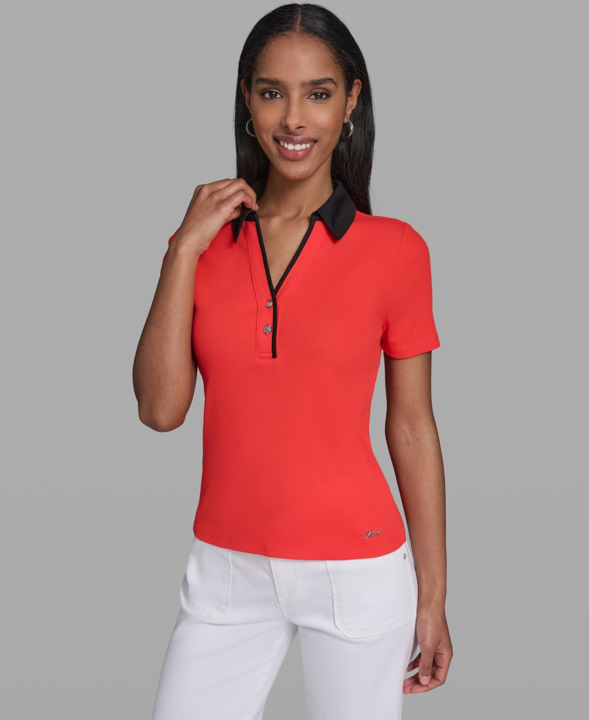 Click here for Karl Lagerfeld Paris Petite V-Neck Polo Collar Top... prices