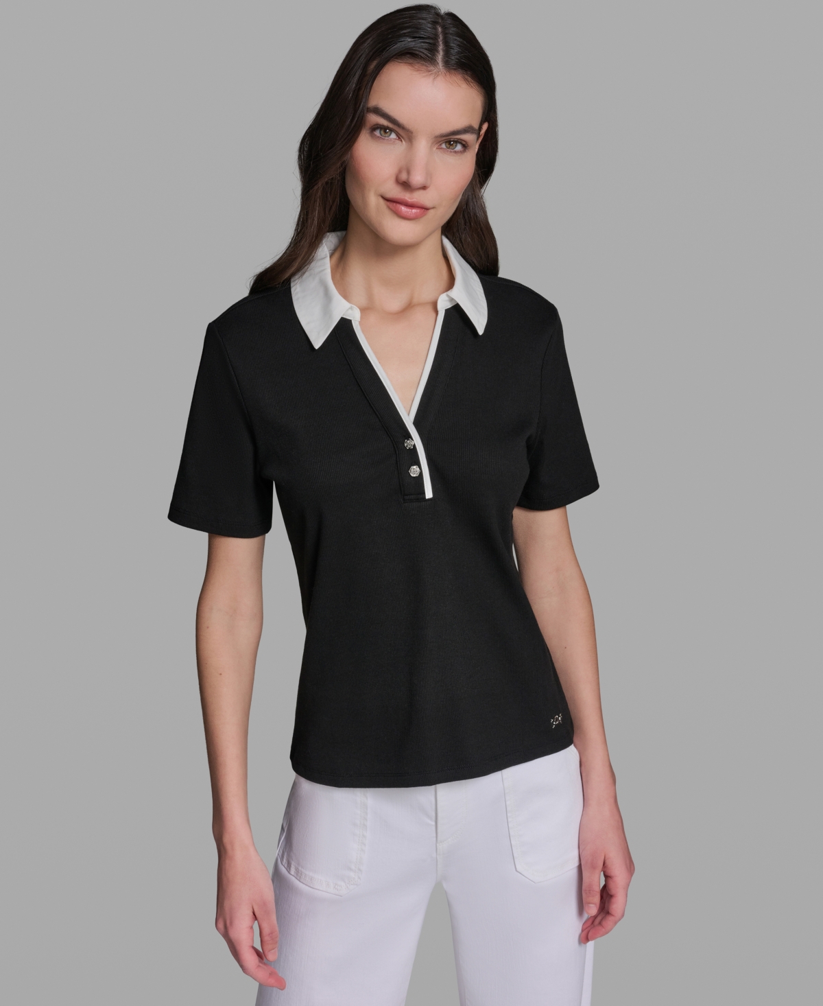 Click here for Karl Lagerfeld Paris Petite V-Neck Polo Collar Top... prices