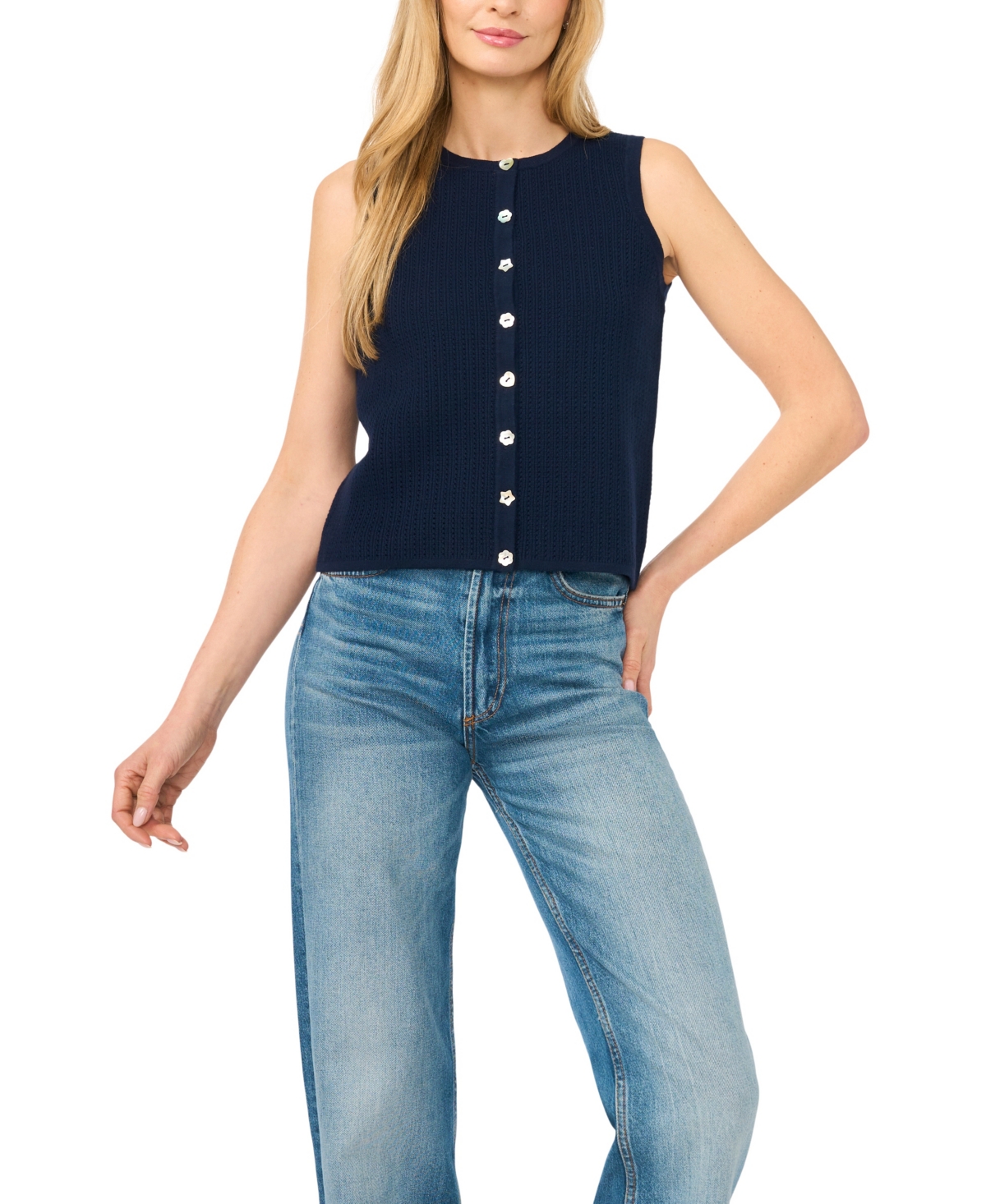 Click here for CeCe Womens Pointelle Sleeveless Button-Up Cotton... prices