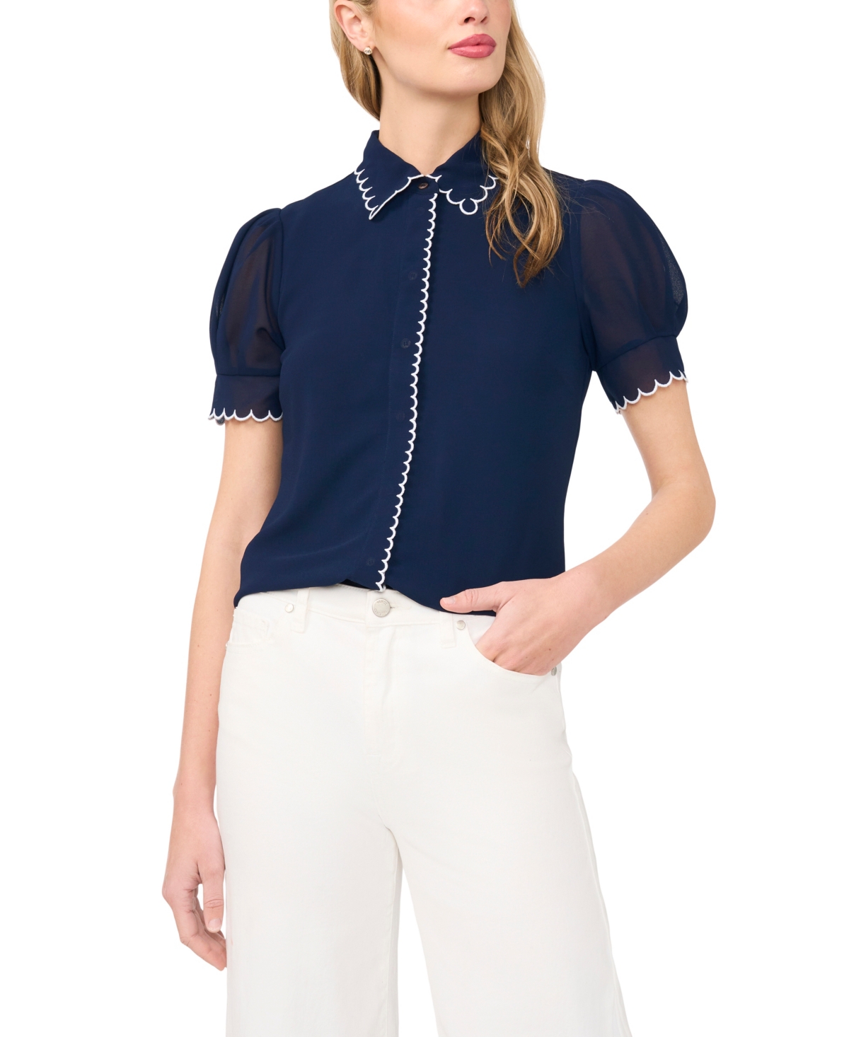 Click here for CeCe Womens Scallop Contrast Trim Button Up Top -... prices