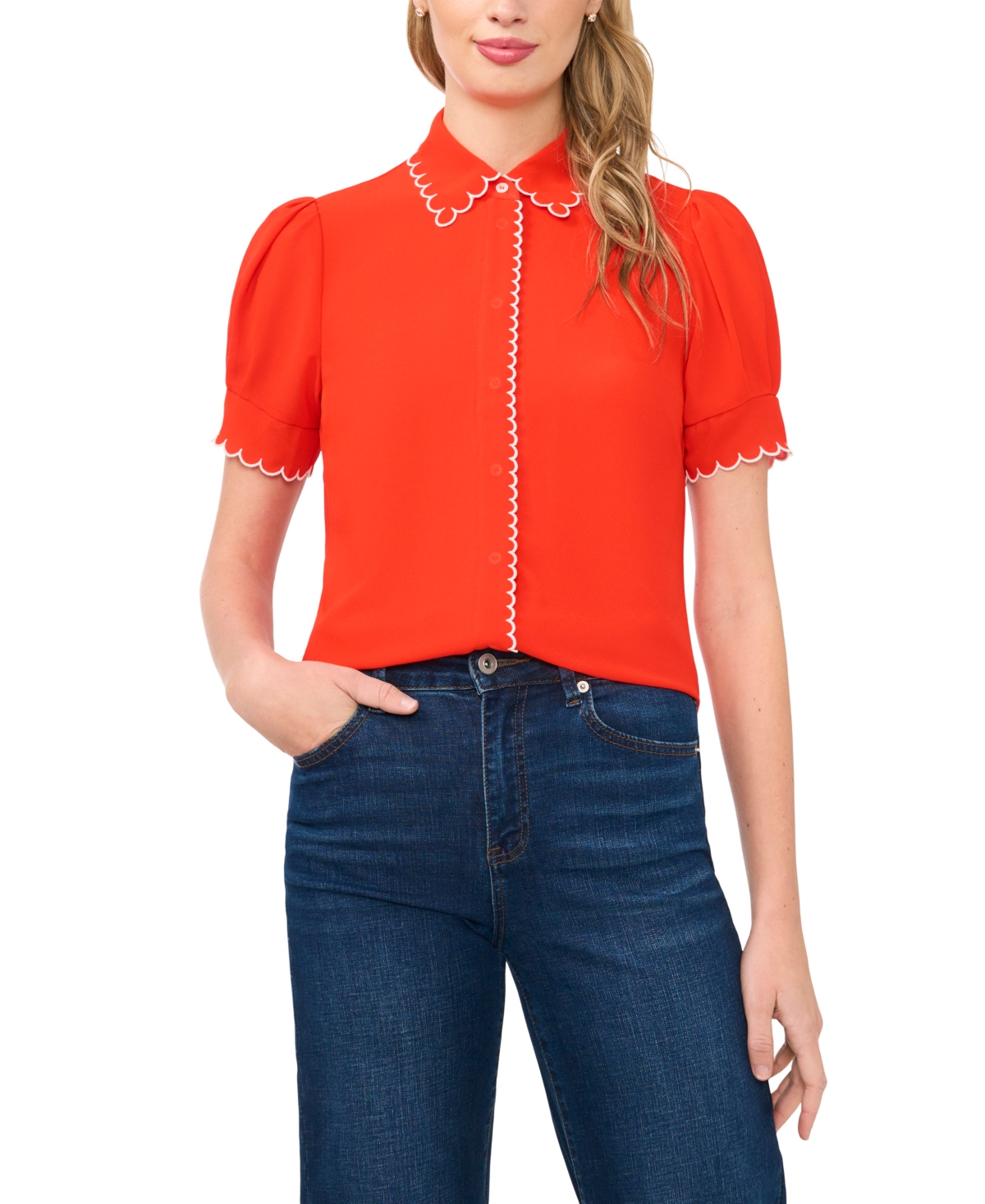 Click here for CeCe Womens Scallop Contrast Trim Button Up Top -... prices
