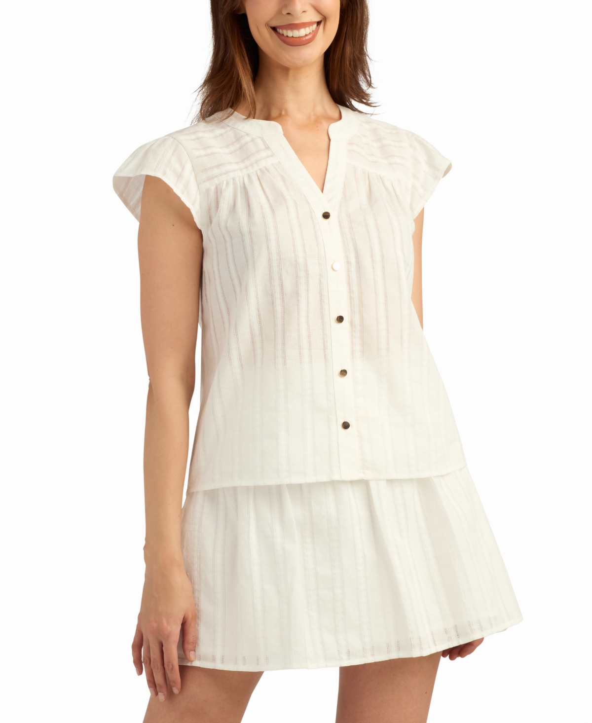 Click here for Bcx Womens Solid Dobby Stripe V-Neck Top - Off Whi... prices