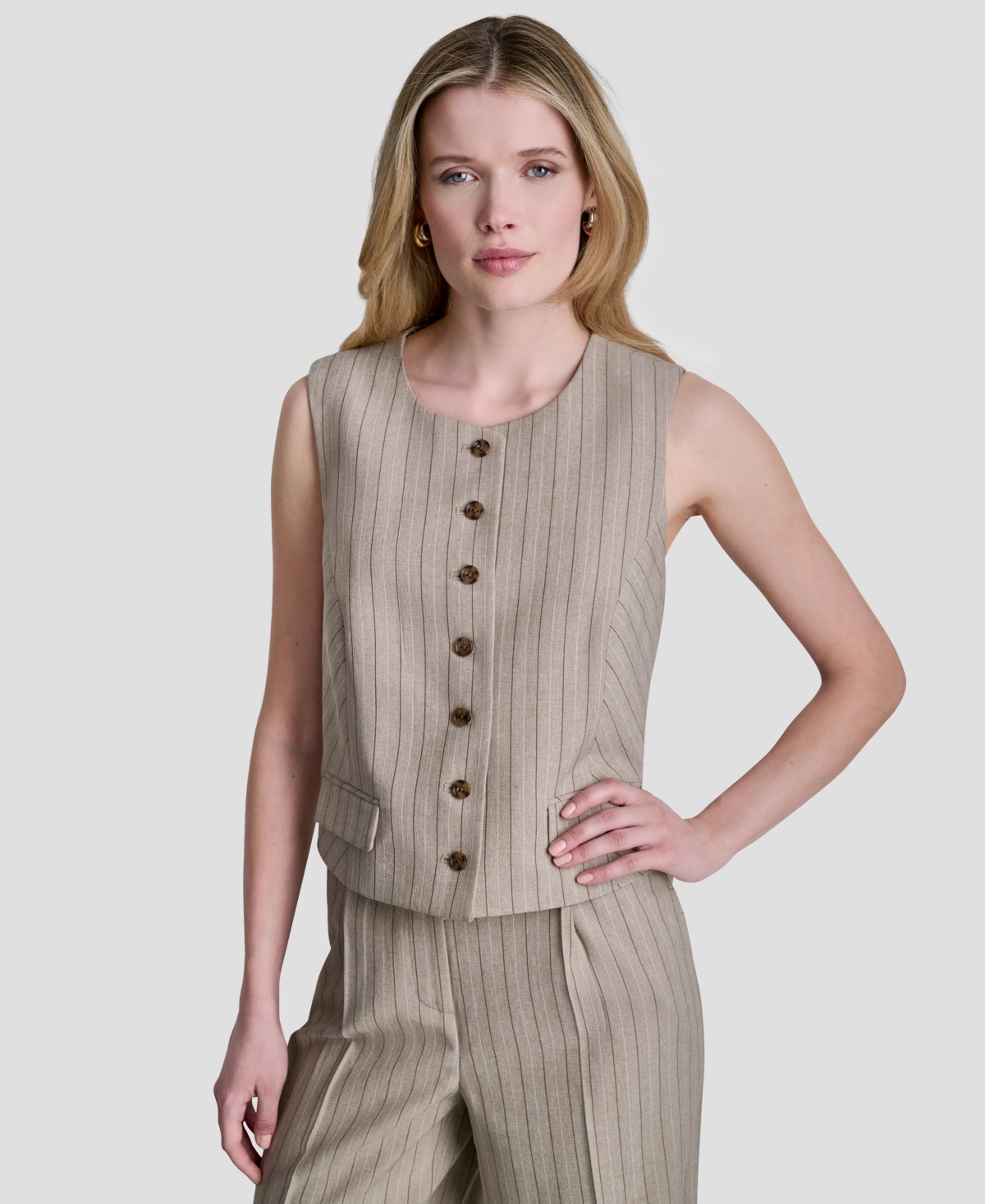 Click here for Dkny Womens Pinstripe Button Front Vest - Dune Str... prices