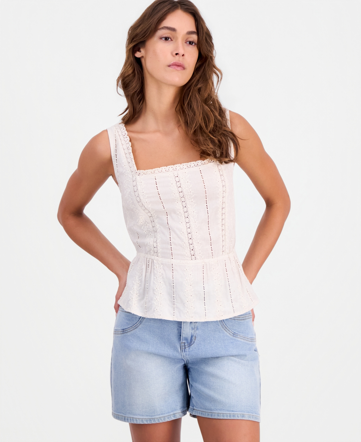 Click here for And Now This Womens Embroidered Linen Peplum-Hem T... prices
