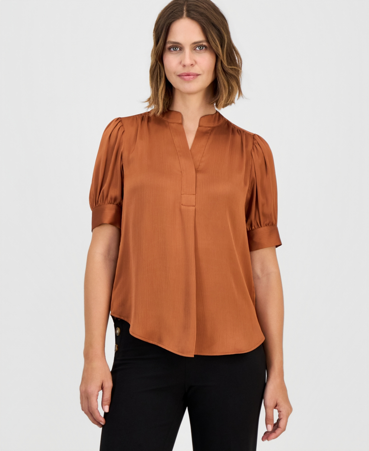 Anne Klein Womens Split-Neck Puffed-Sleeve Top - Cedar Spice