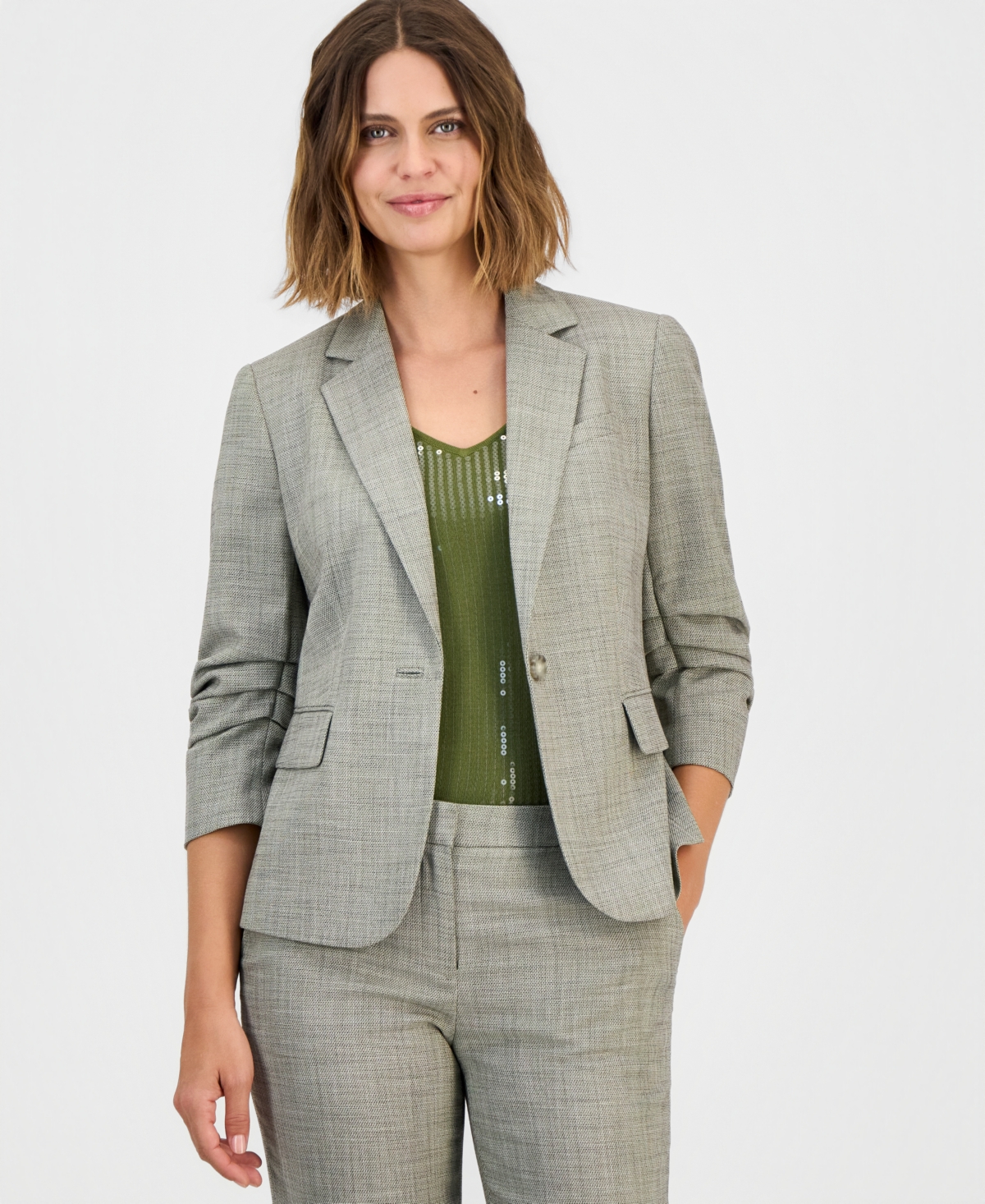 Click here for Anne Klein Womens One-Button Scrunch-Sleeve Blazer... prices