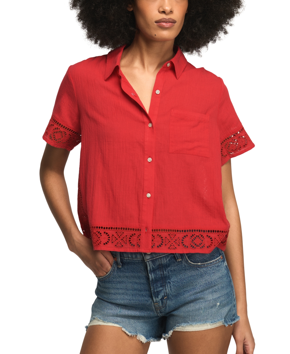Click here for Lucky Brand Womens Cutwork Camp Collar Shirt - Red prices