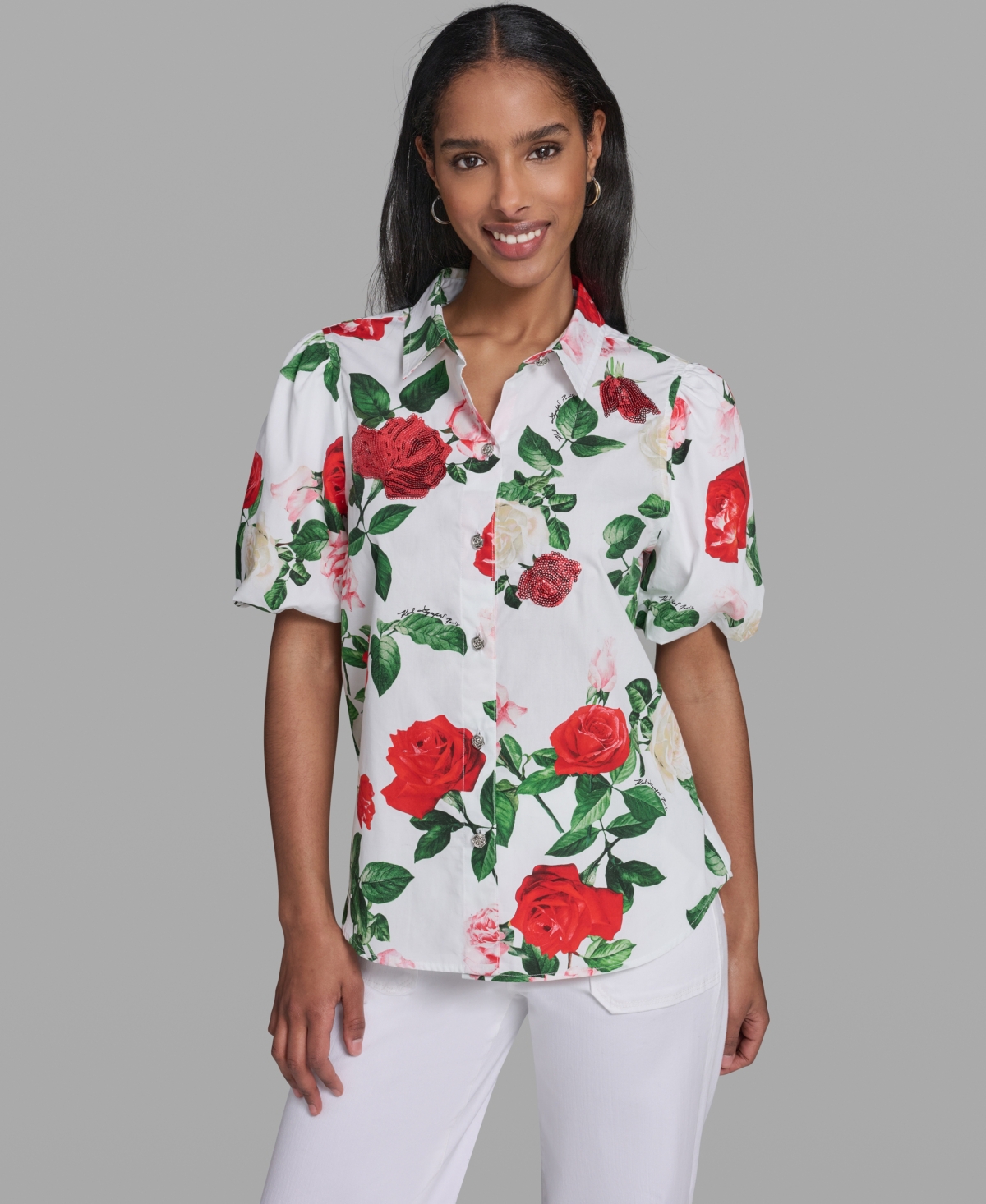Click here for Karl Lagerfeld Paris Womens Printed Puff-Sleeve Co... prices