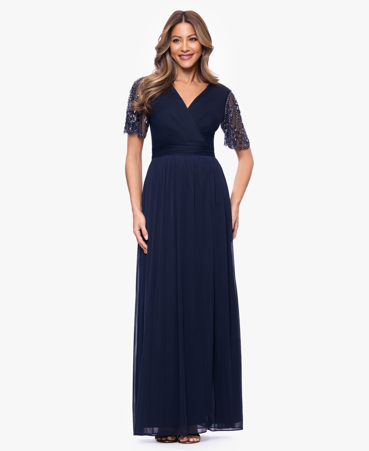 Click here for Xscape Womens Short-Sleeve V-Neck Long Gown - Navy prices