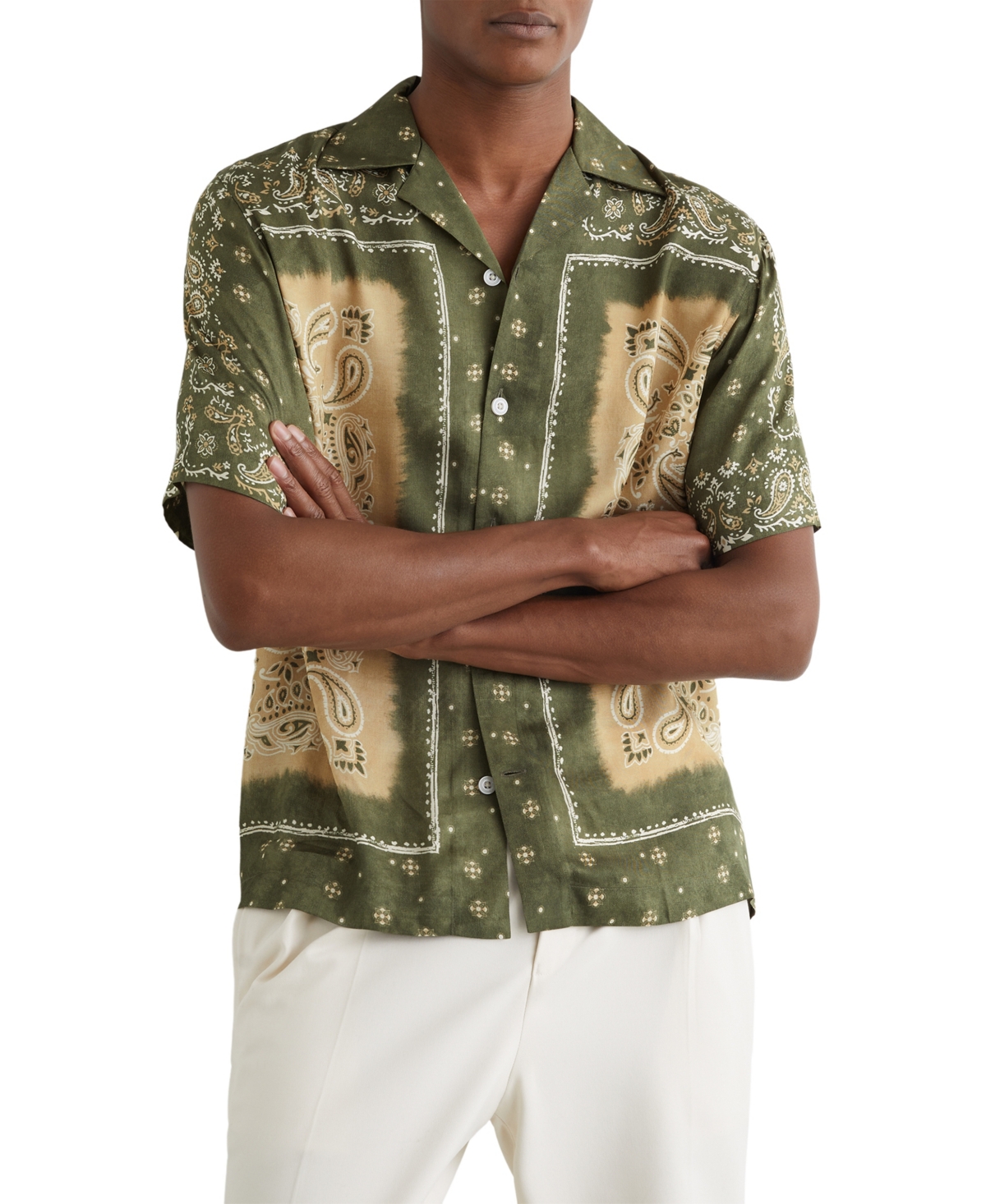 Click here for Reiss Mens Paisley-Print Cuban-Collar Shirt - Sage... prices