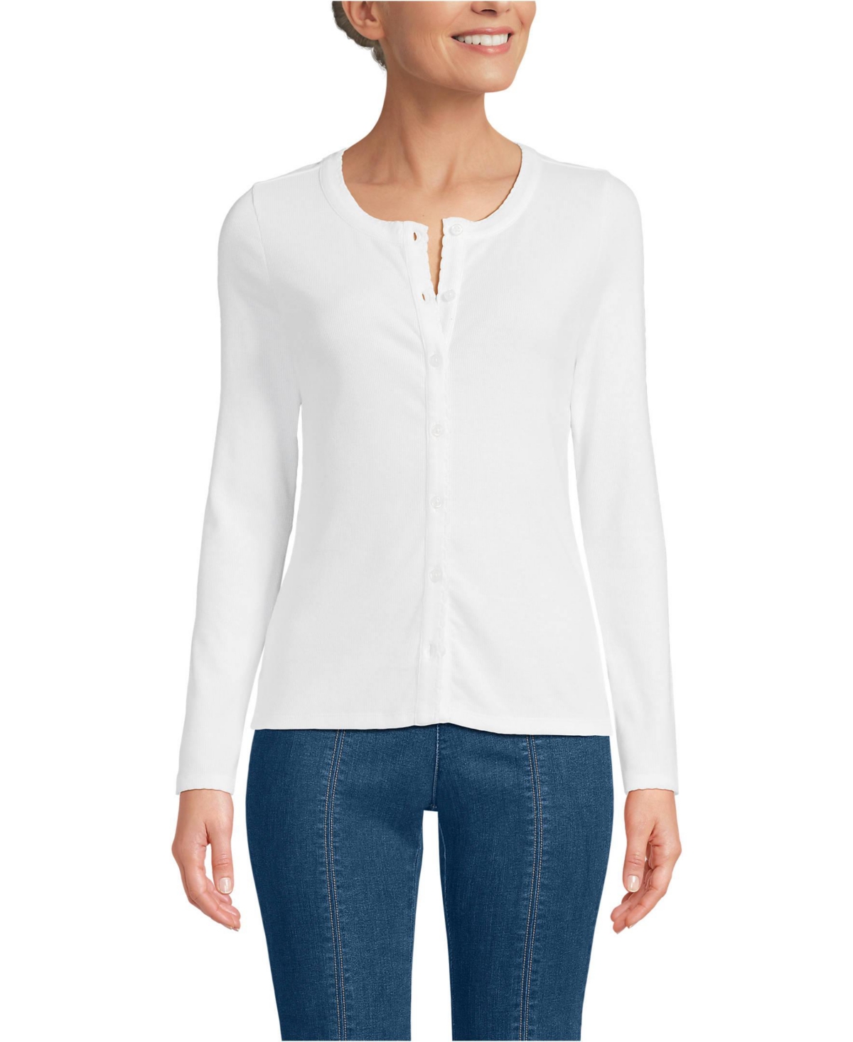Click here for Lands End Womens Long Sleeve Micro Rib Button Thro... prices