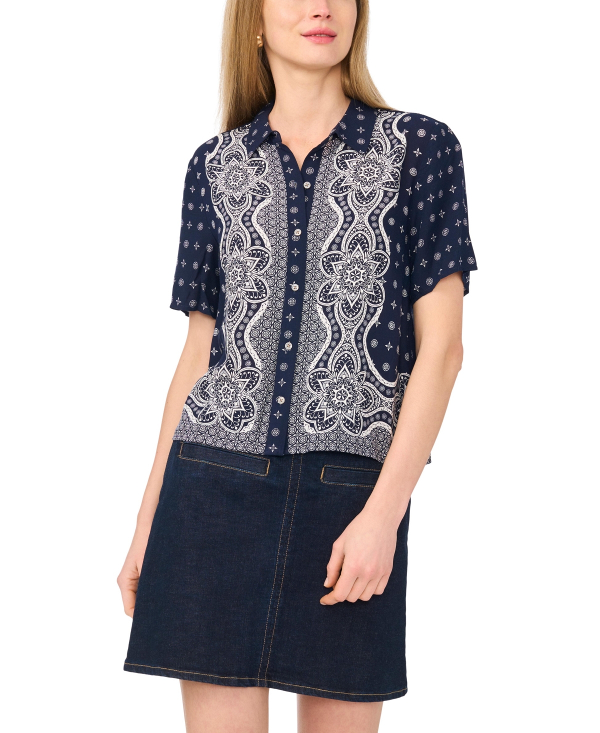 Vince Camuto Womens Collared Neck Short-Sleeve Blouse - Classic Navy