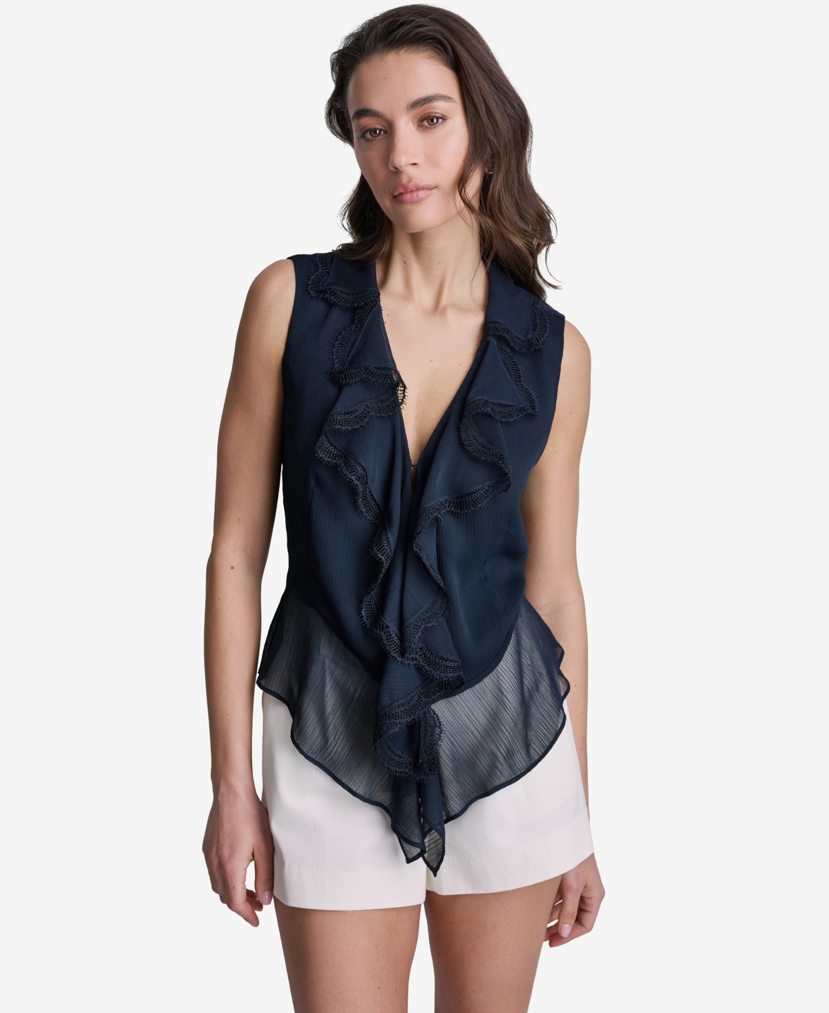 Click here for Bcbg Womens Ruffled V-Neck Sleeveless Blouse - Blu... prices