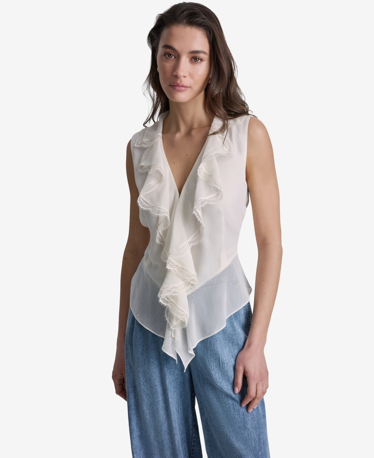 Click here for Bcbg Womens Ruffled V-Neck Sleeveless Blouse - Whi... prices