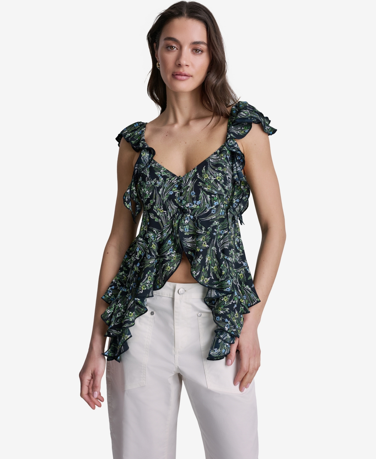 Click here for Bcbg Womens Floral Print Ruffled V-Neck Top - Blue prices