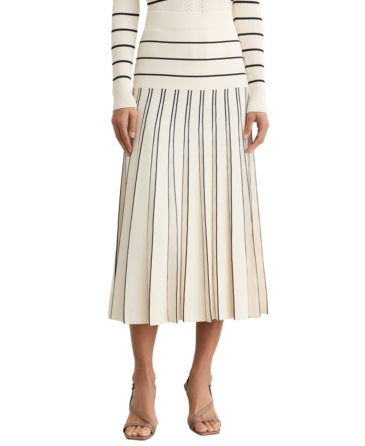Click here for Reiss Womens Knitted Stripe Pleated Midi Skirt - I... prices