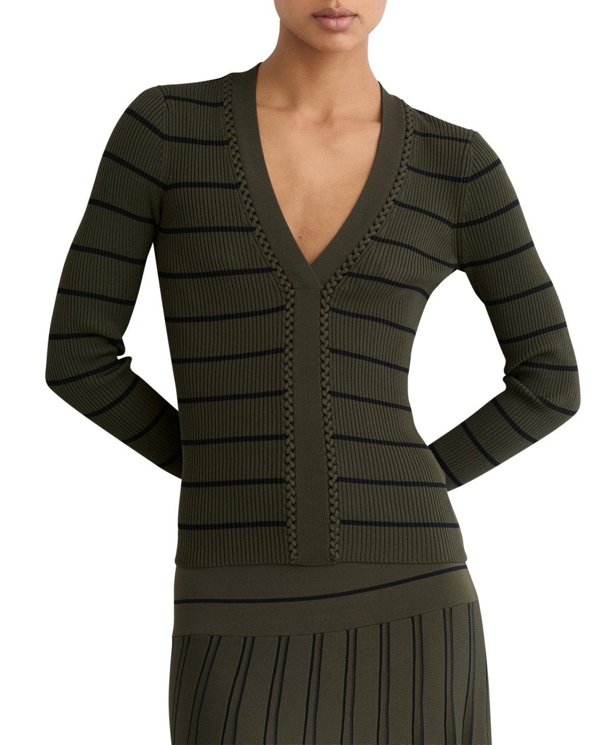 Click here for Reiss Womens Stripe Craft-Stitch Rib-Knit Top - Kh... prices