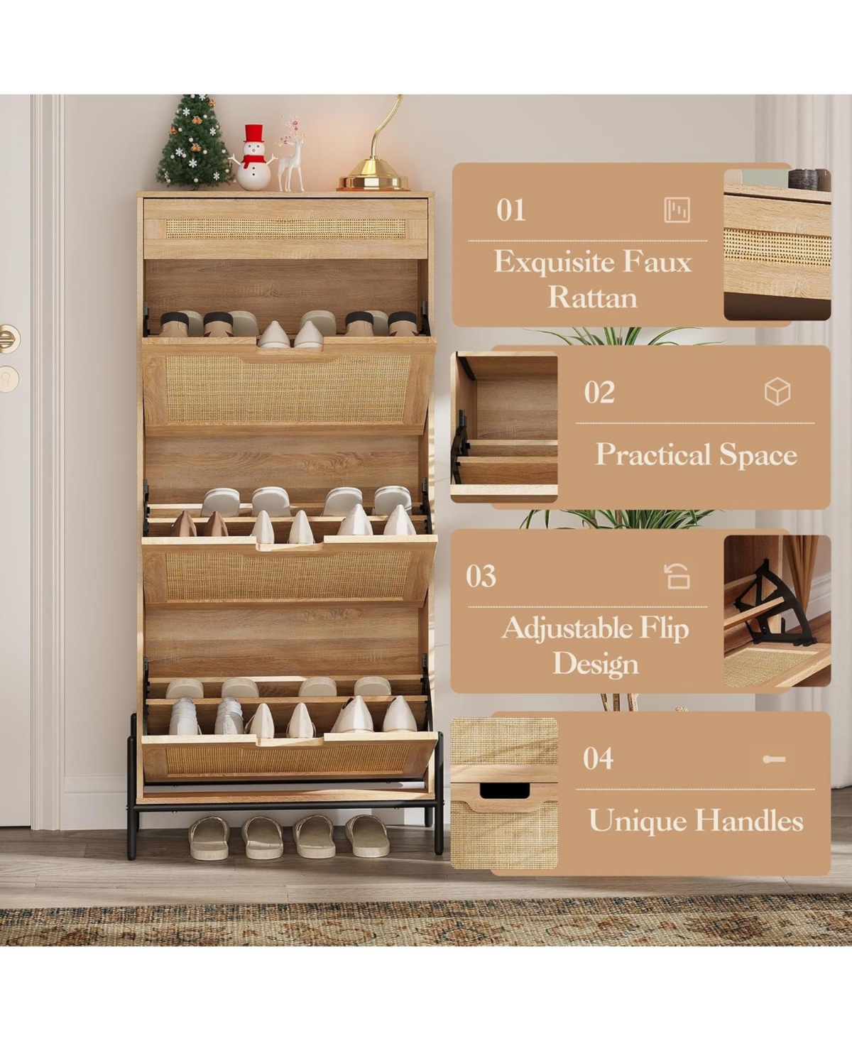 Click here for gaomon Oak Natural Rattan Narrow Shoe Cabinet - 3... prices