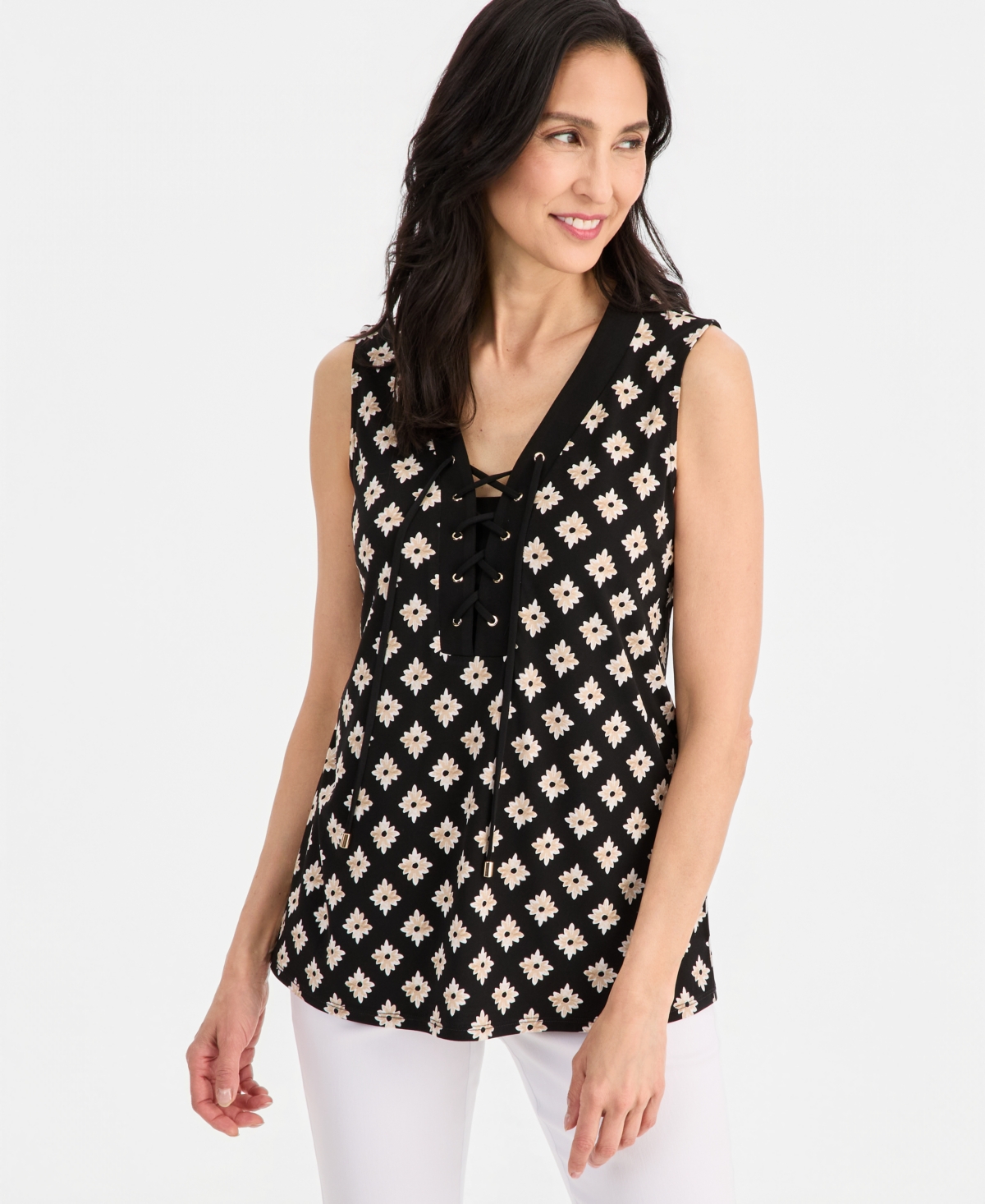 Click here for Jm Collection Petite Ella Tile Lace-Up Tank Top  M... prices