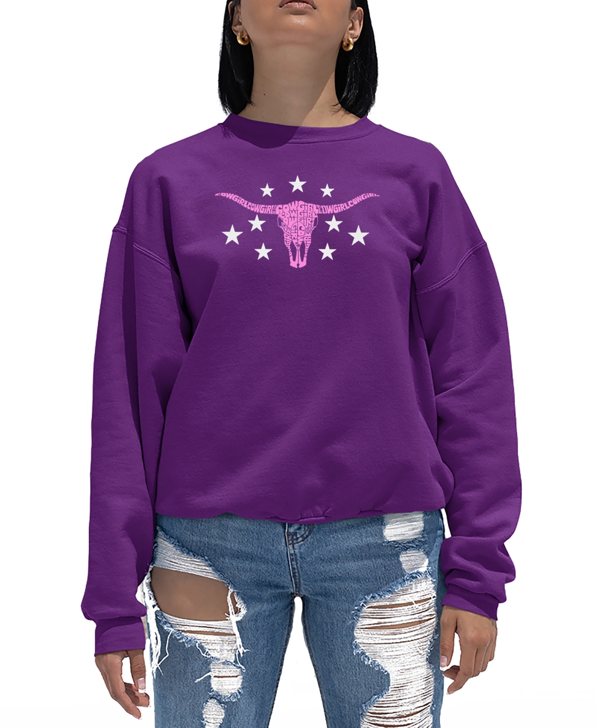 Click here for La Pop Art Womens Cowgirl Cowskull Word Art Crewne... prices