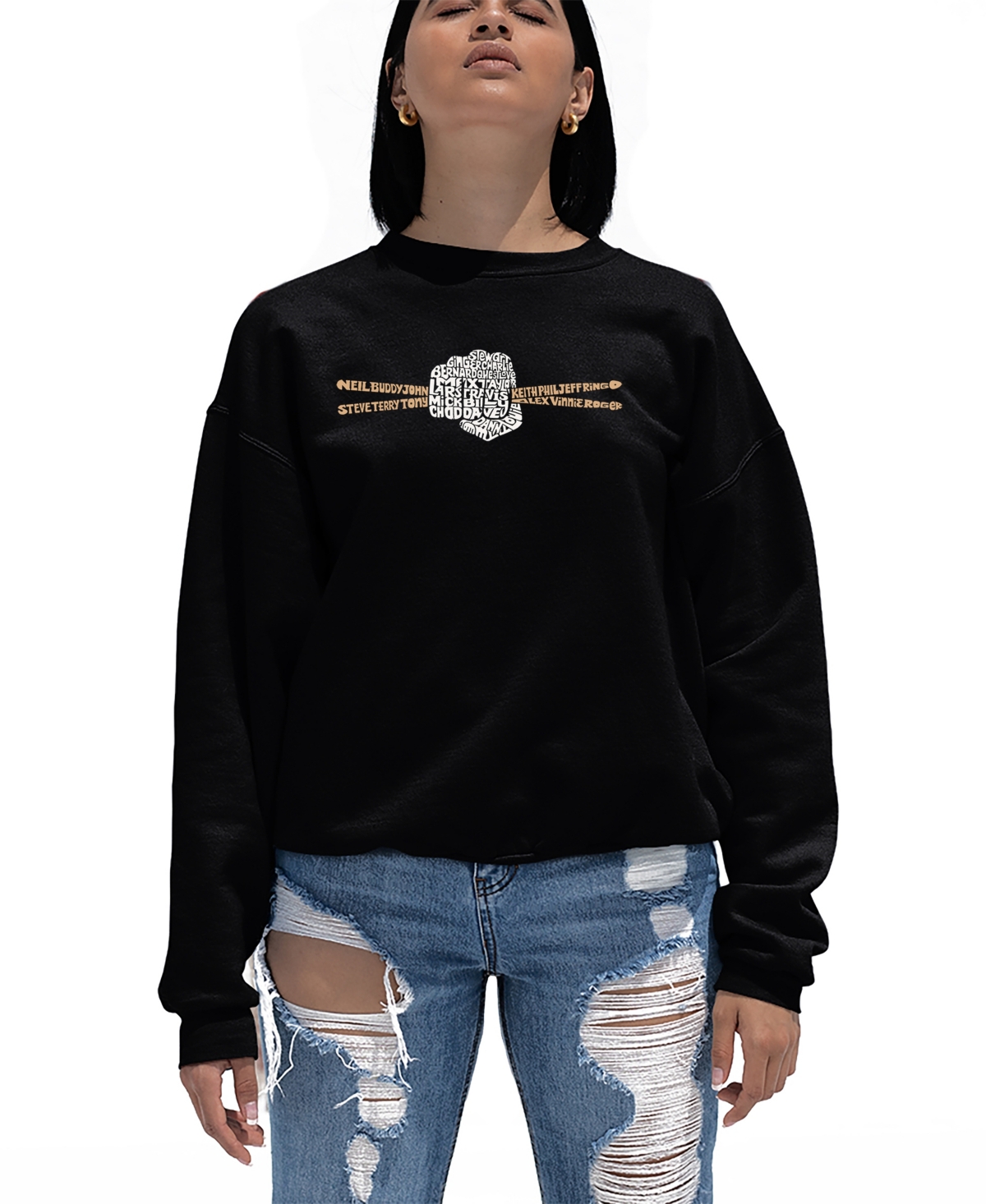 Click here for La Pop Art Womens Drum Sticks Word Art Crewneck Sw... prices