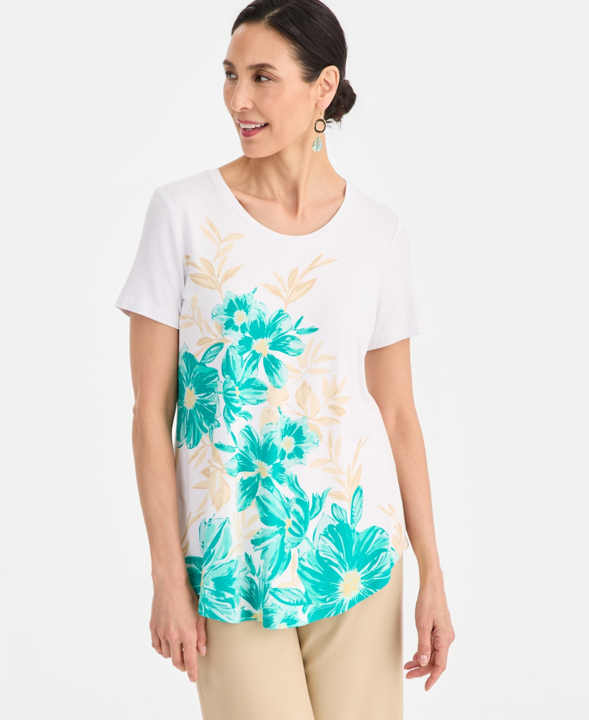 Click here for Jm Collection Petite Painted Floral Scoop Neck Top... prices
