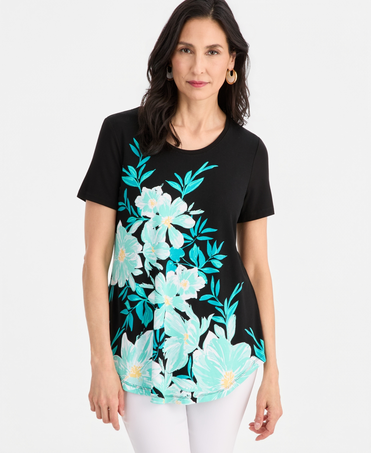 Click here for Jm Collection Petite Painted Floral Scoop Neck Top... prices