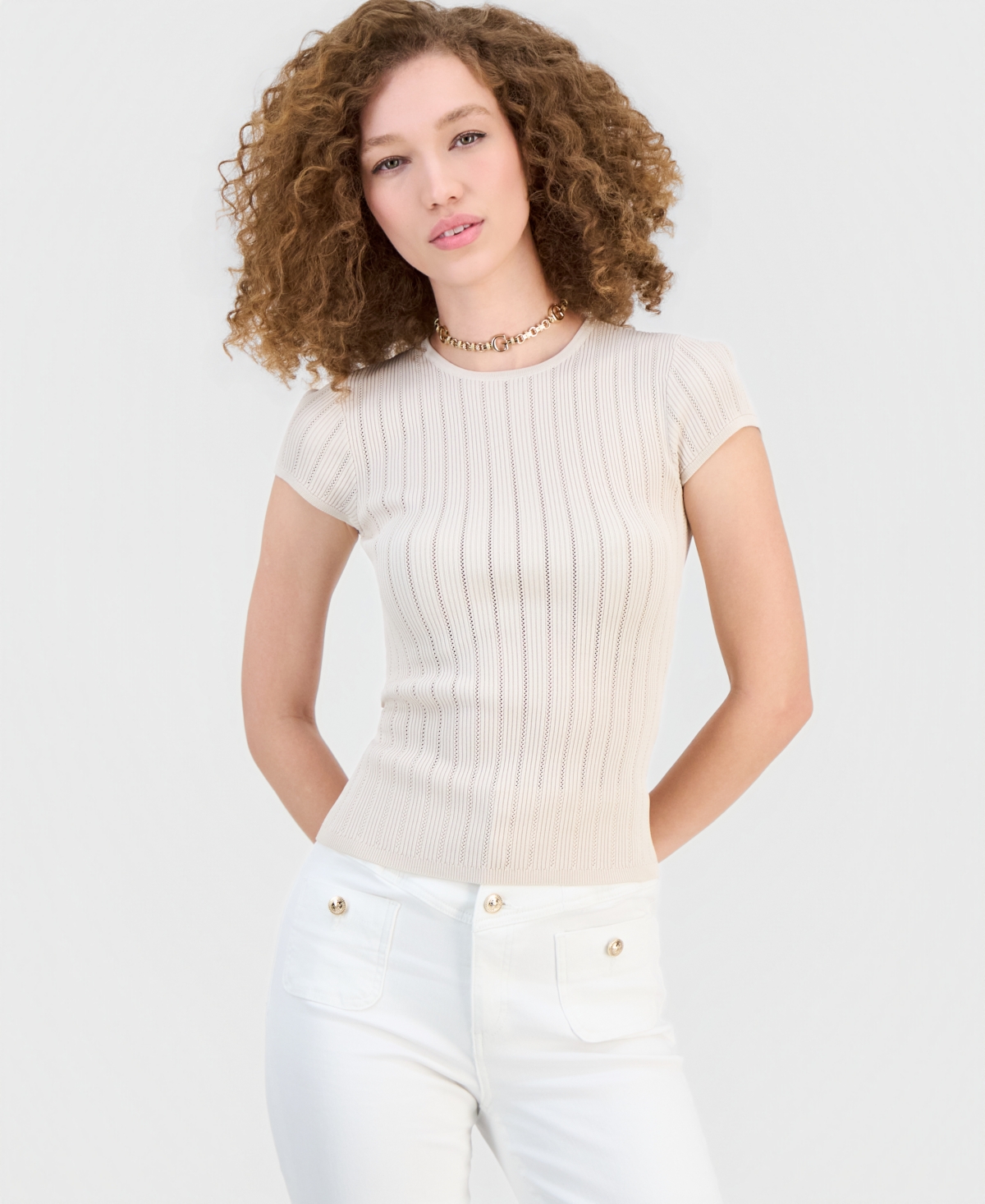 Click here for Guess Womens Short-Sleeve Crew Neck Sweater - Pera... prices