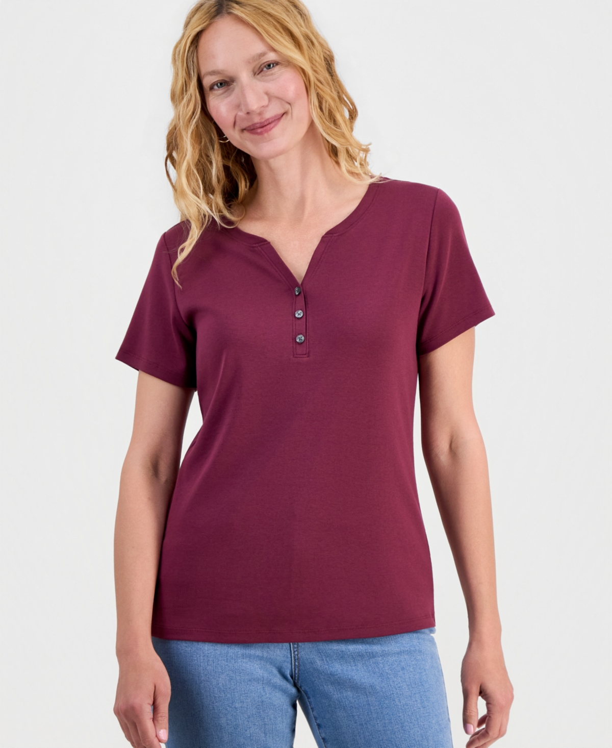Click here for Style & Co Womens Short-Sleeve Cotton Henley Top... prices