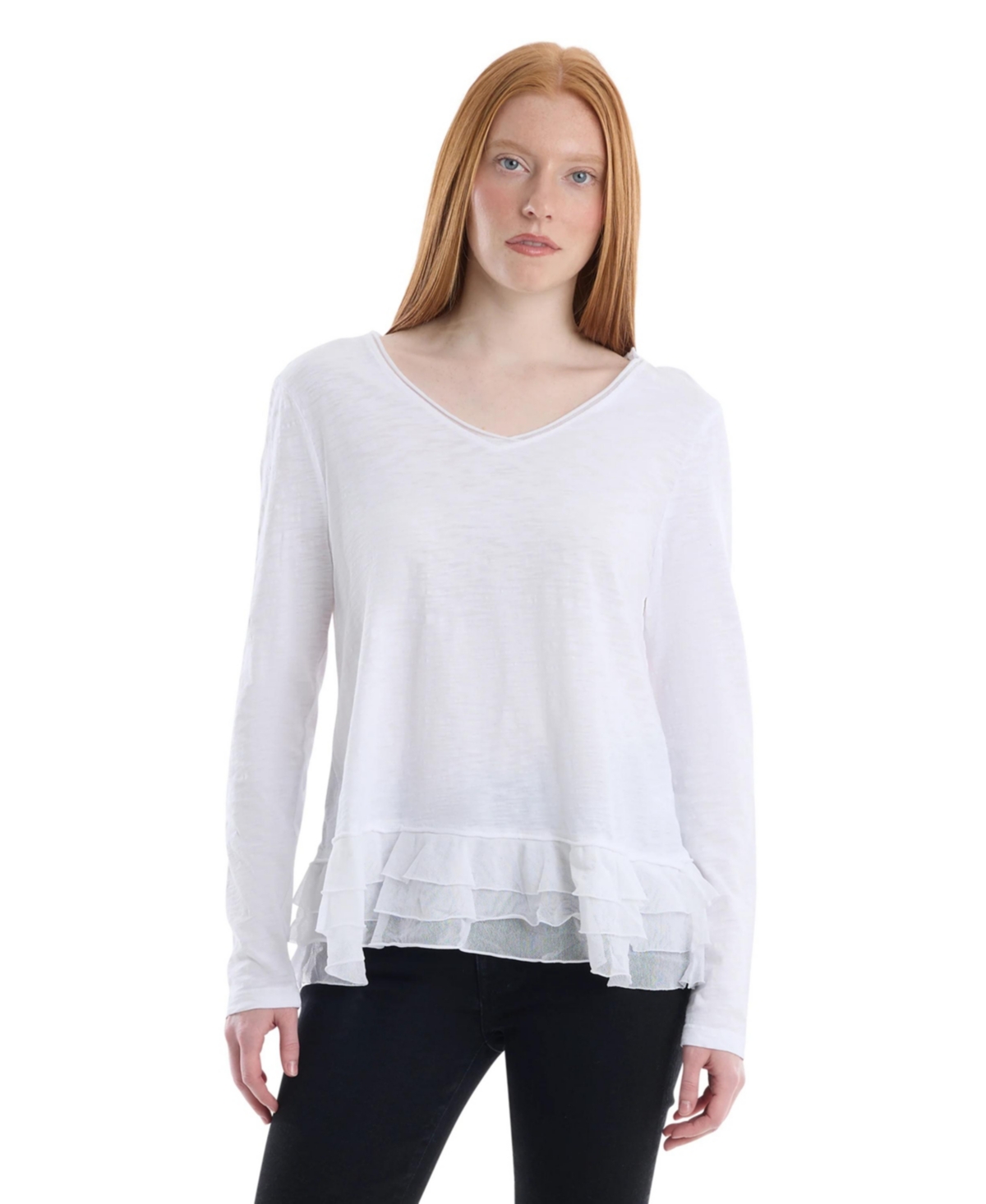 Wilt Clothing Womens V-Neck Mixed Media Long Sleeve - White