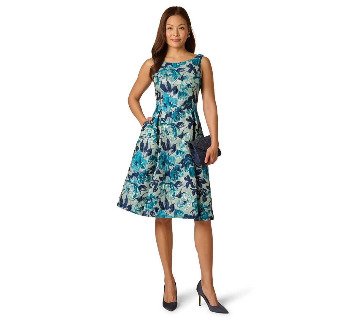 Click here for Adrianna Papell Womens Printed Metallic Boat Neck... prices