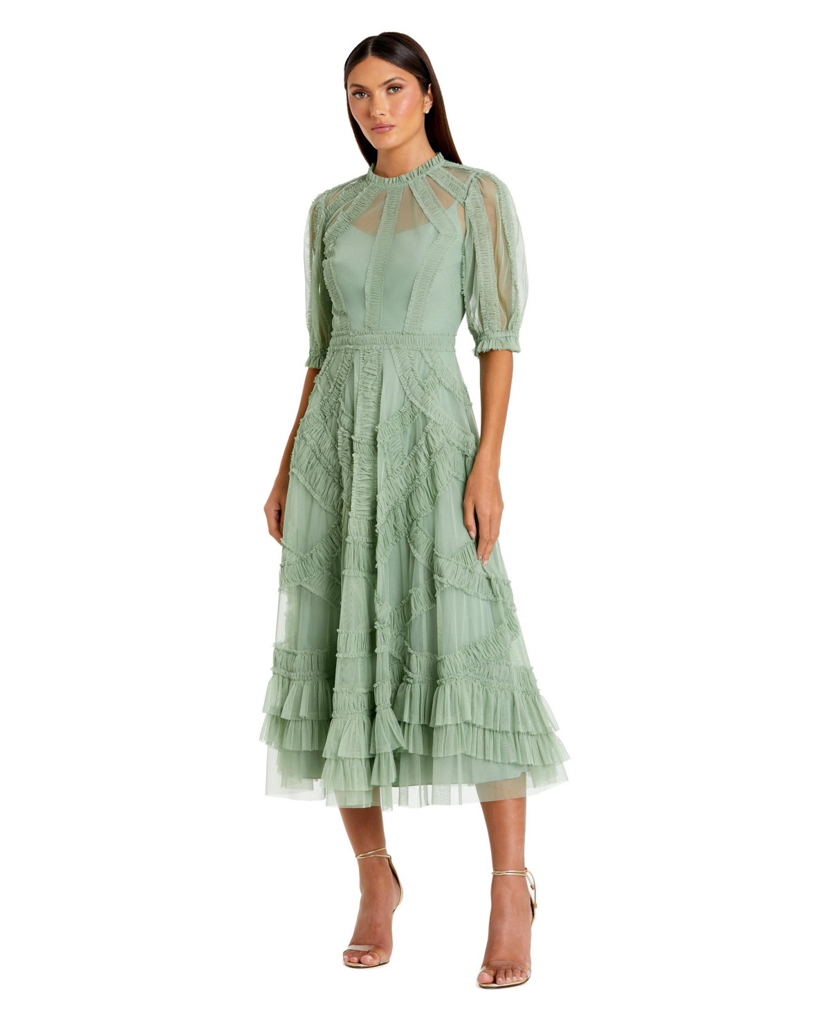 Click here for Mac Duggal Petite High Illusion Neck Ruffle Tiered... prices