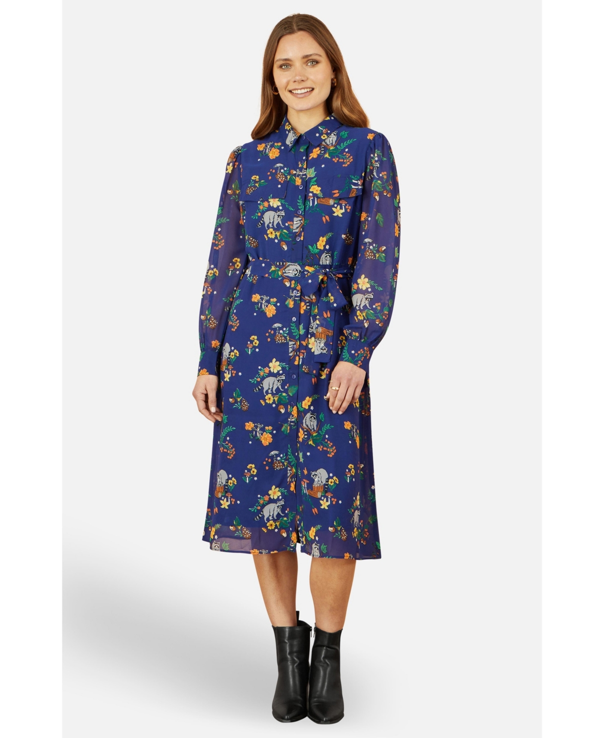 Click here for Yumi Womens Raccoon Print Shirt Midi Dress - Navy prices
