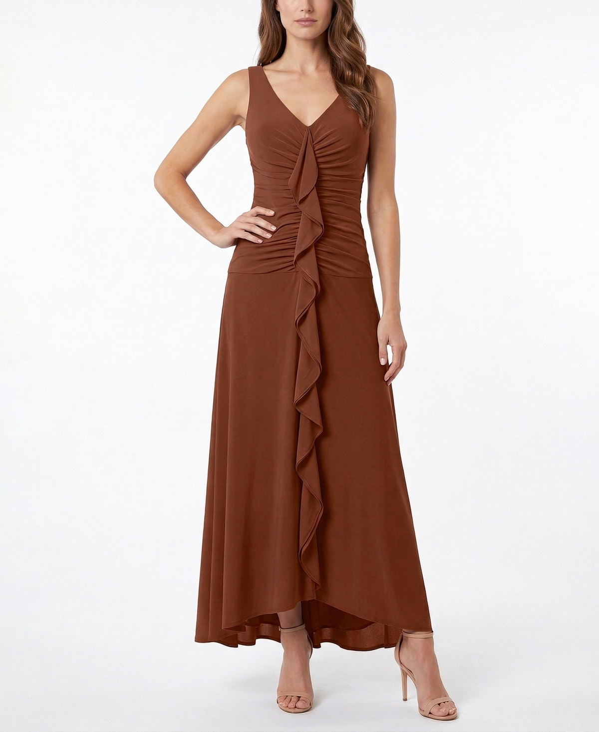 Click here for Taylor Womens V-Neck Sleeveless Ruffle Front Dress... prices