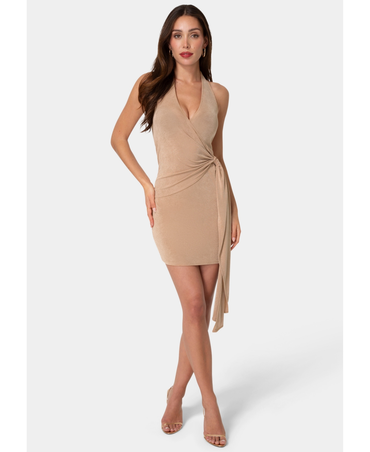 Click here for Bebe Womens Wrap Halter Cascade Dress - Mocha prices