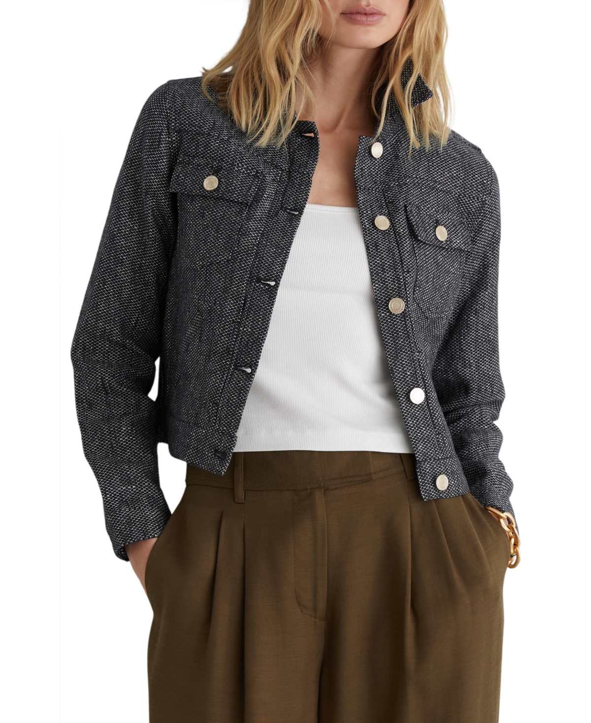 Click here for Reiss Womens Linen-Cotton Woven Trucker Jacket - N... prices