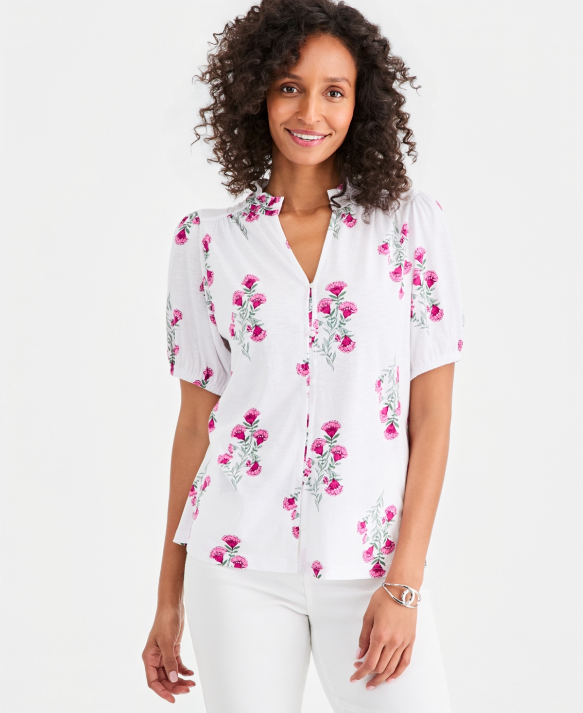Click here for Style & Co Womens Printed Split-Neck Knit Top  Mac... prices