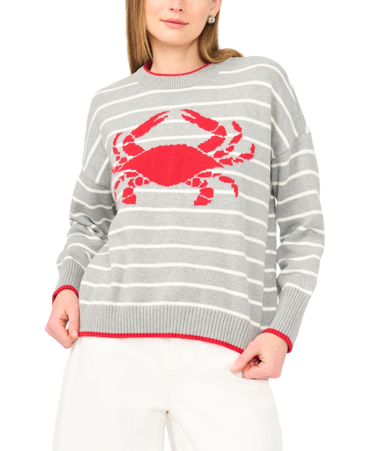 Click here for Vince Camuto Womens Striped Crab Motif Crewneck Sw... prices
