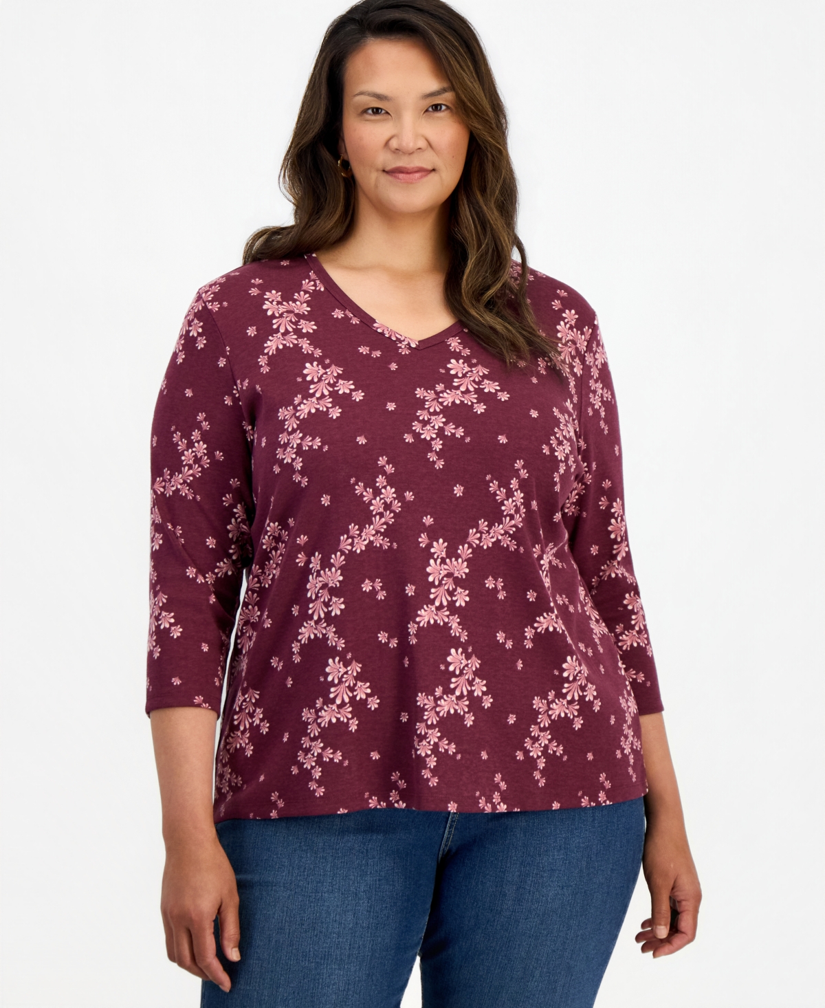 Click here for Style & Co Plus Size Printed 3/4-Sleeve V-Neck Top... prices