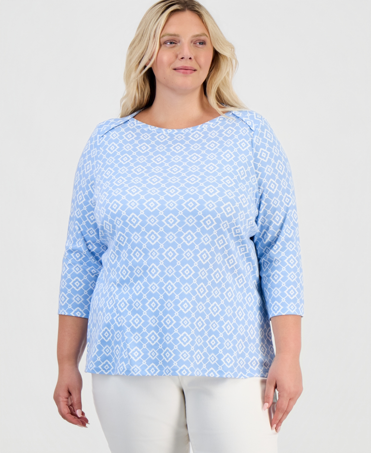 Click here for Style & Co Plus Size Printed 3/4 Sleeve Boat-Neck... prices