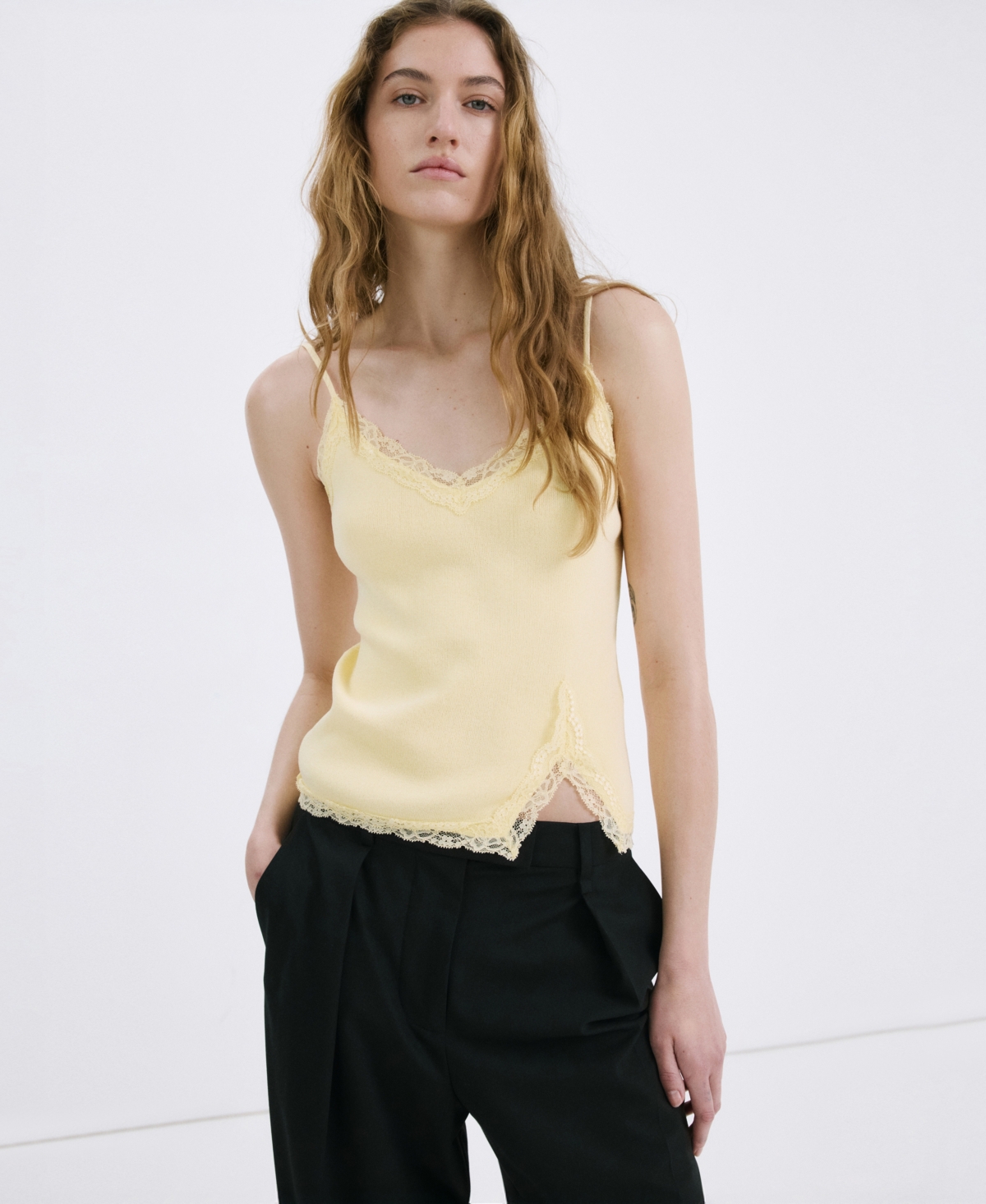Click here for Mango Womens Lace Detail Top - Pastel Yellow prices