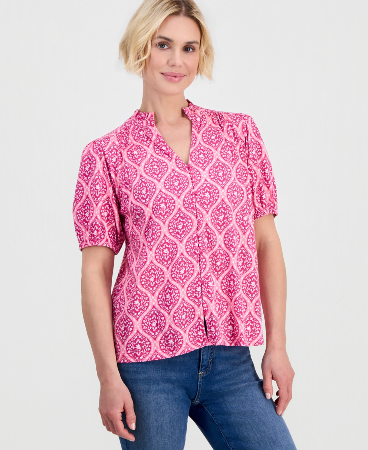 Click here for Style & Co Petite Printed Puff-Sleeve Button-Front... prices